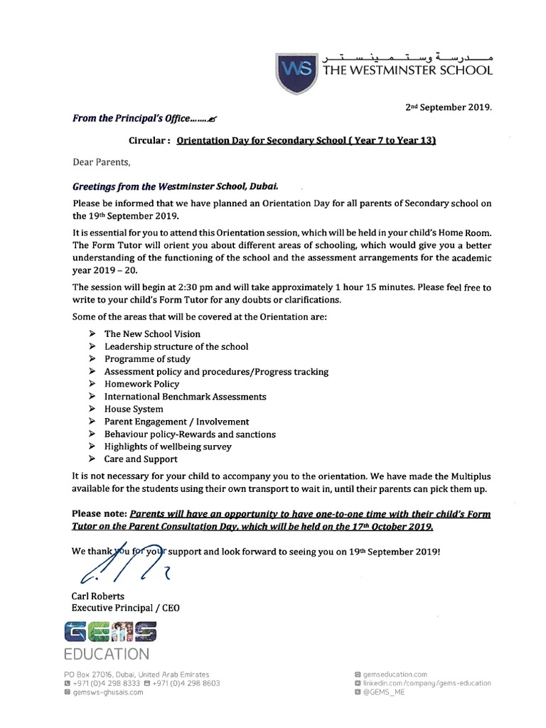 Circular - Parent Orientation Day Secodnary School | PDF