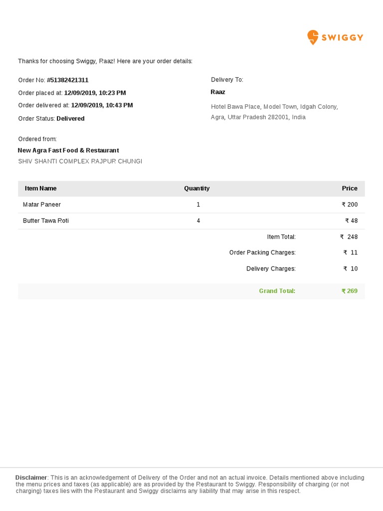 Swiggy Order 12 Sep 19 PDF | PDF | Fee | Payments