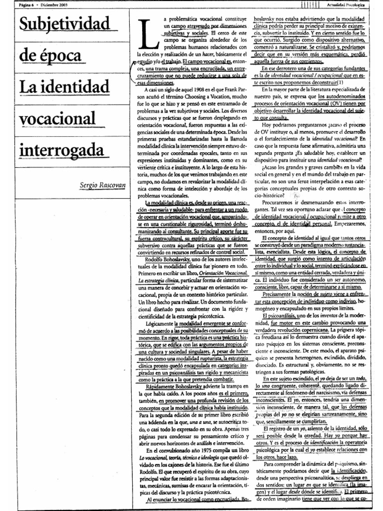 Subjetividad de Epoca. La Orientacion Vocacional Interrogada - Sergio Rascovan | PDF