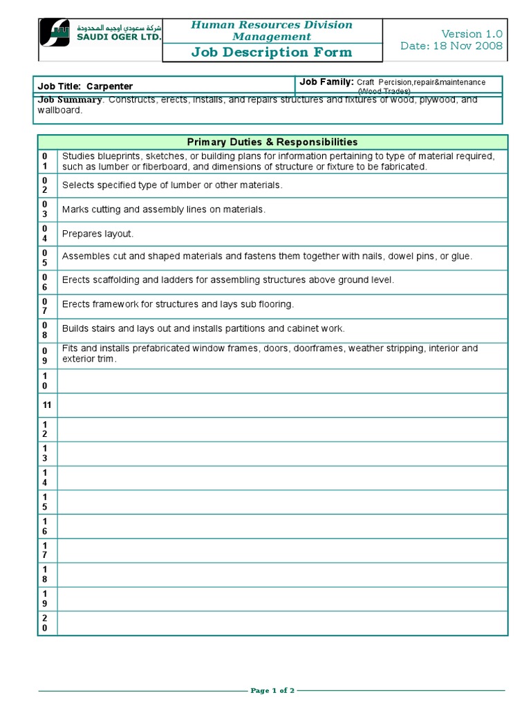 Job Description Form | PDF | Carpentry | Framing (Construction)