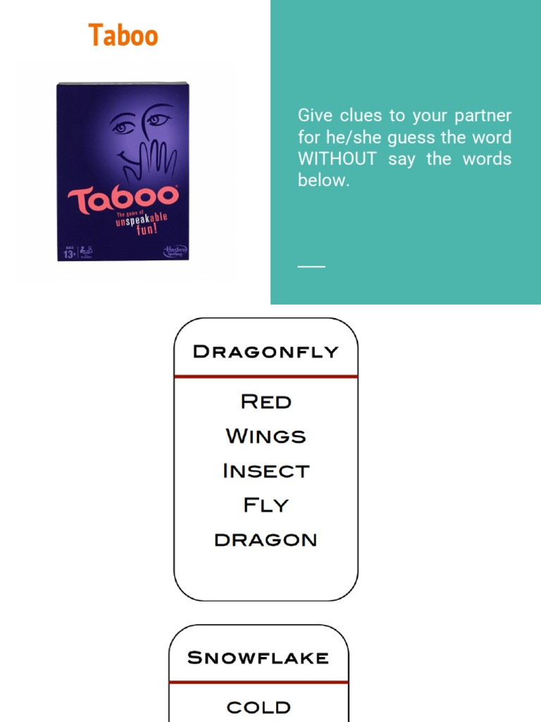 Taboo: Give Clues To Your Partner For He/she Guess The Word WITHOUT Say ...