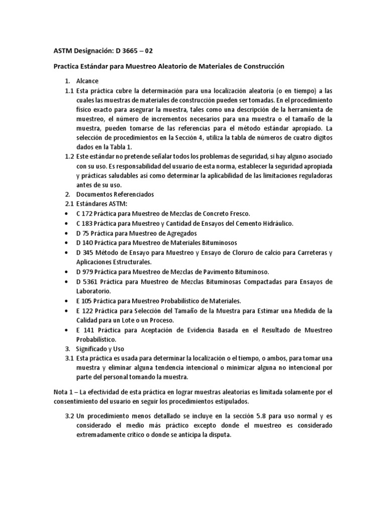 ASTM D3665 02 Muestreo Aleatorio Materiales de Construccion | PDF ...