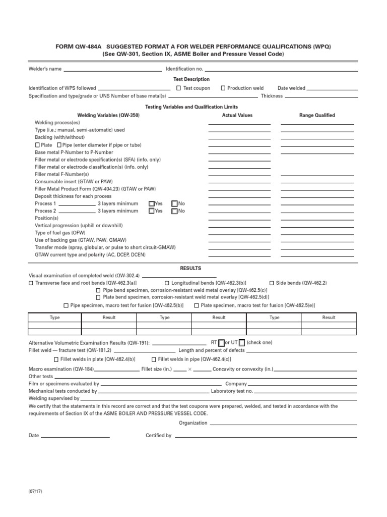 FORM QW-484A WELDER PERFORMANCE QUALIFICATIONS | PDF | Welding ...