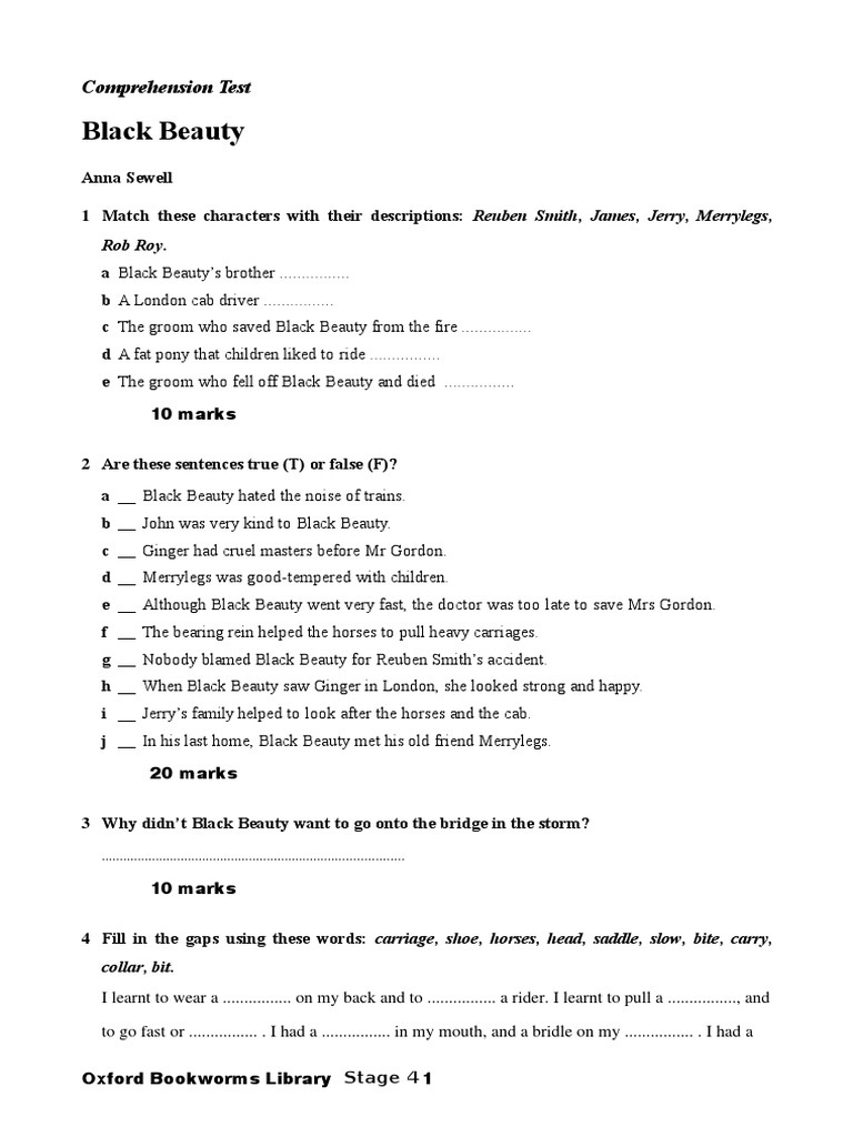 Black Beauty: Comprehension Test | PDF | Black Beauty | Equus