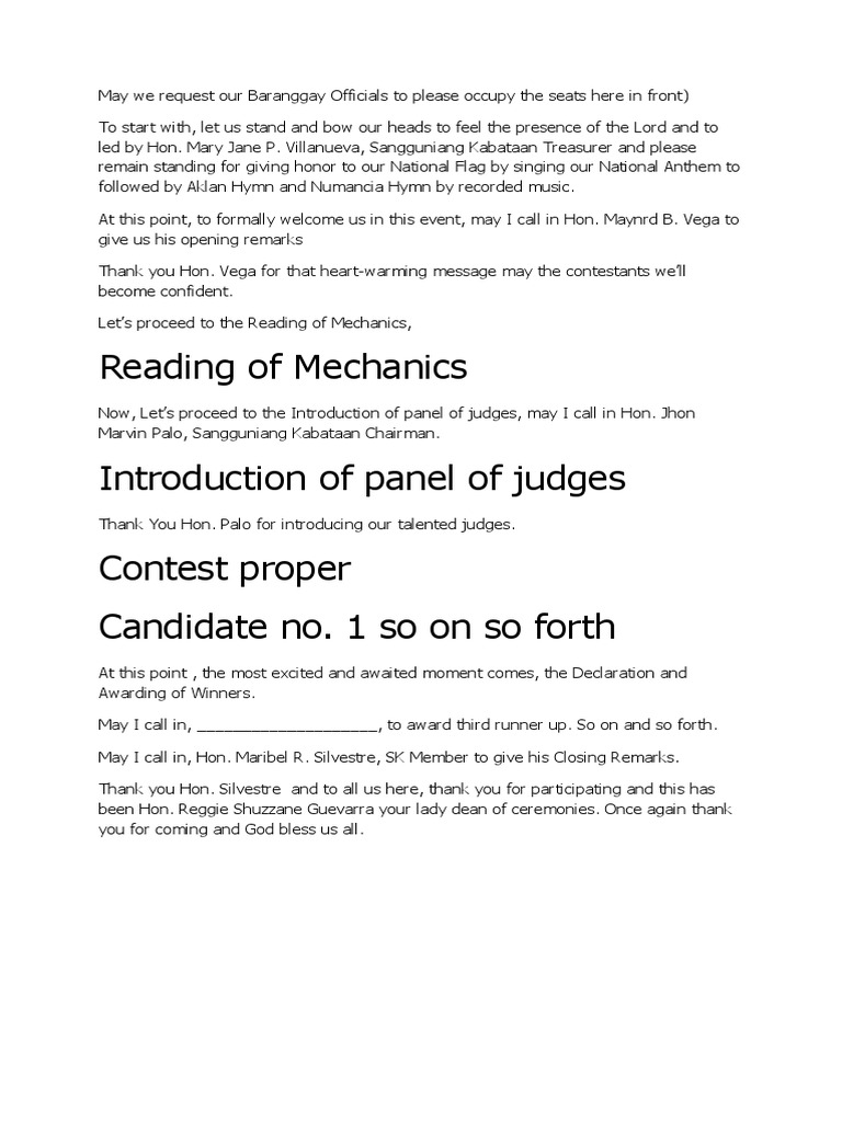 Reading of Mechanics Introduction of Panel of Judges Contest Proper ...