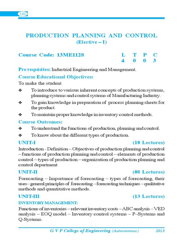 Production Planning and Control Syllabus | PDF | Inventory | System