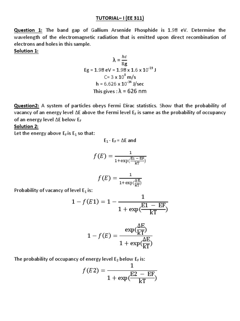 Tutorial - I (Ee 311) | PDF | Energy Level | Electronvolt