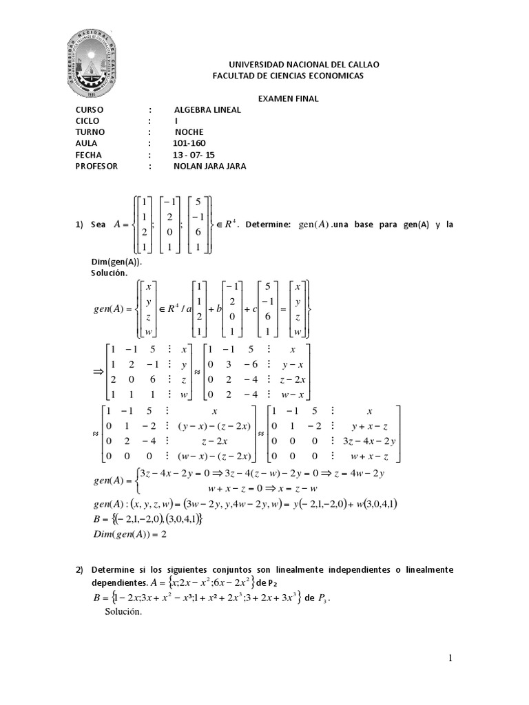 Alg Lin Examen Final Resuelto 2015 A PDF | PDF | Álgebra abstracta | Física teórica