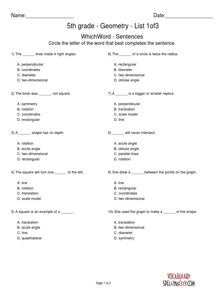 5Th Grade - Geometry - List 1of3: Whichword - Sentences | PDF ...
