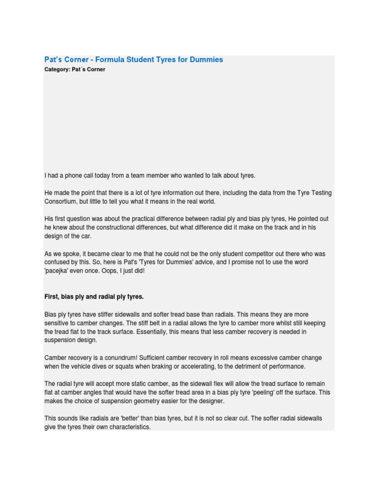 Pat's Corner - Formula Student Tyres For Dummies | PDF | Tire | Vehicle ...