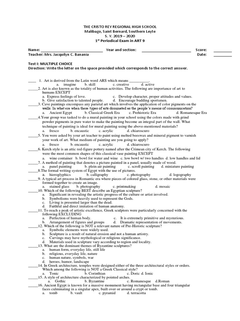 ART 9 1st Periodical Exam Guide | PDF | Paintings | Sculpture