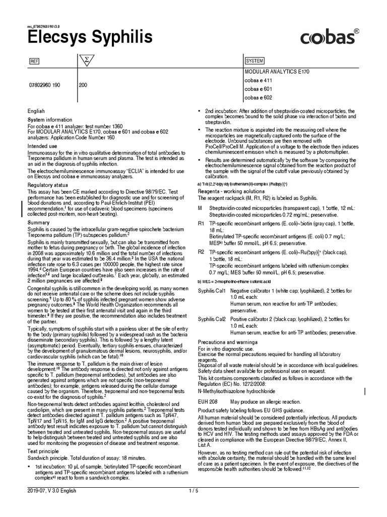 Insert - Elecsys Syphilis - Ms 07802960190.V3.En | PDF | Immunoassay ...
