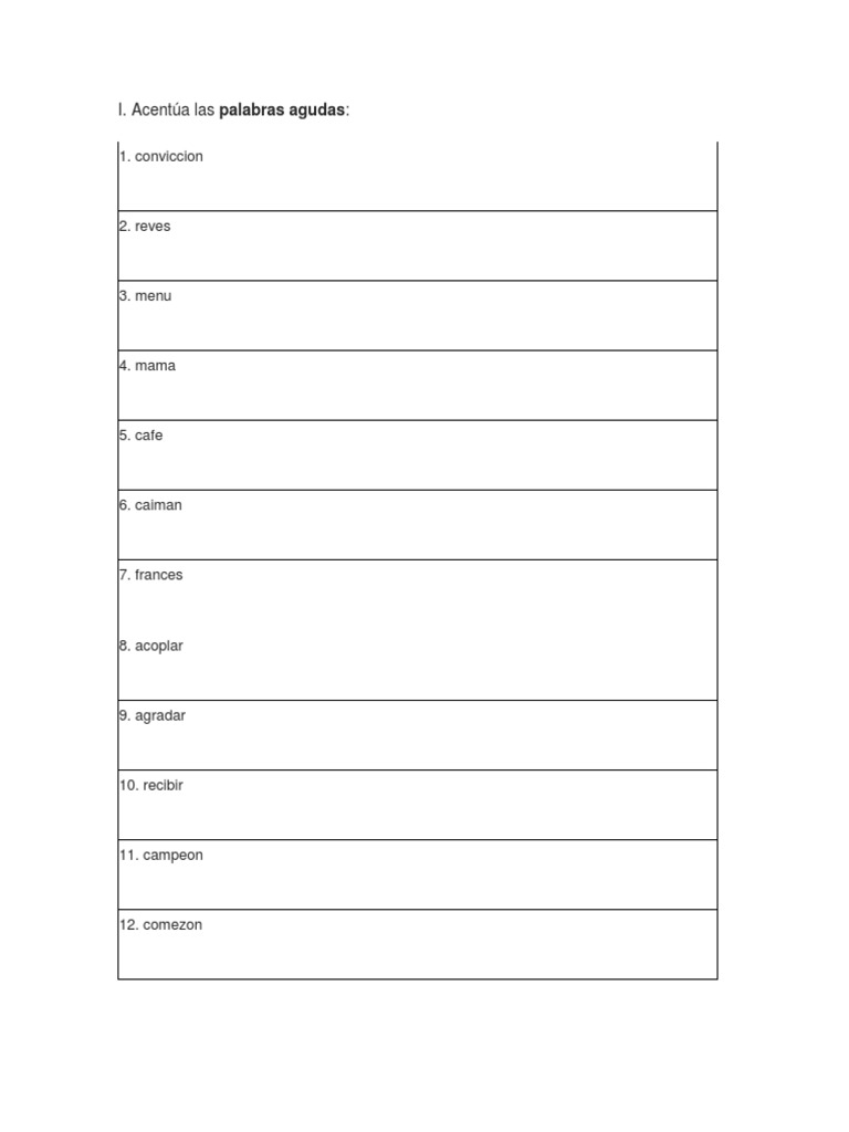 Ejercicios Palabras Agudas | PDF