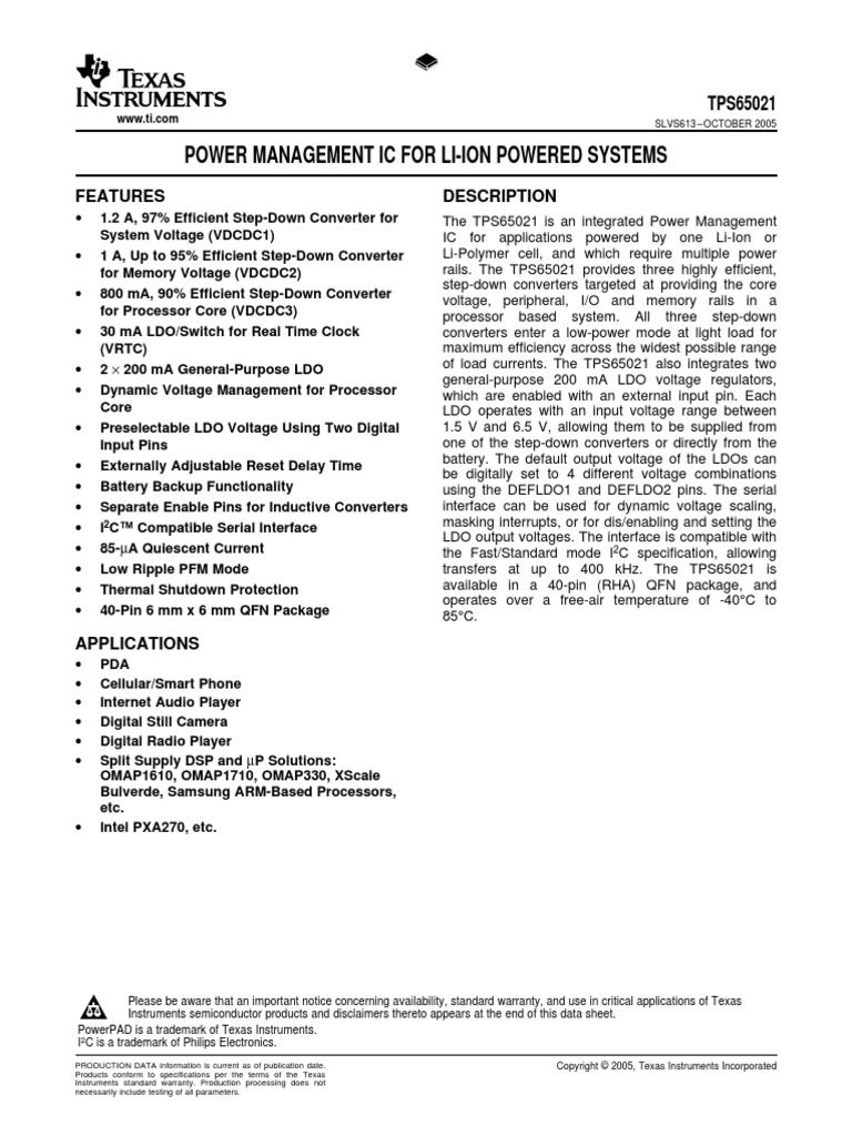 Power Management Ic For Li-Ion Powered Systems: Features Description ...