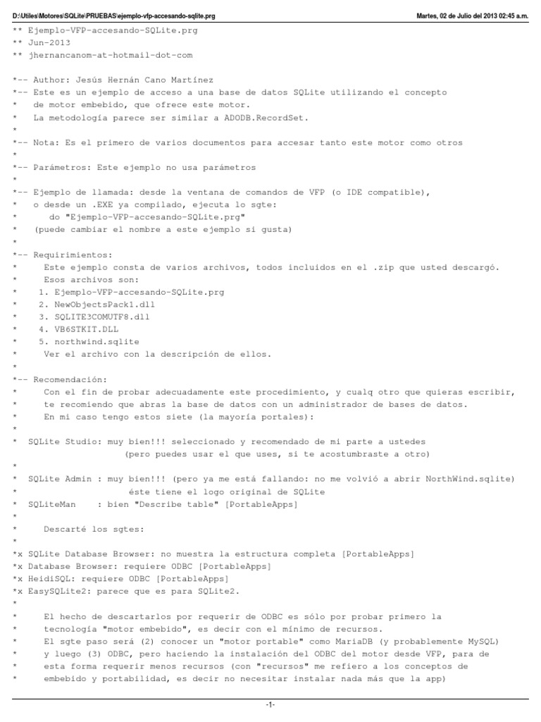Acceso a SQLite desde VFP: Ejemplo práctico | PDF | Desarrollo de ...