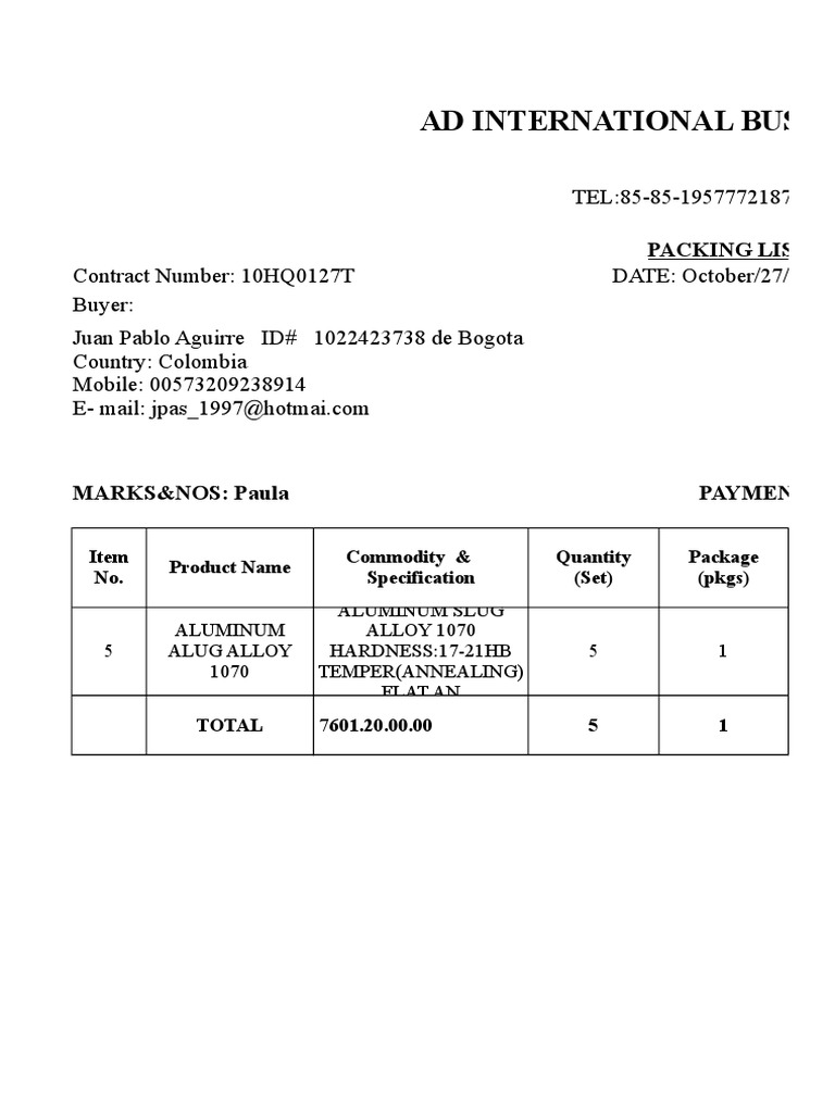 Ad International Business Sas: Packing List | PDF | Mass | Nature
