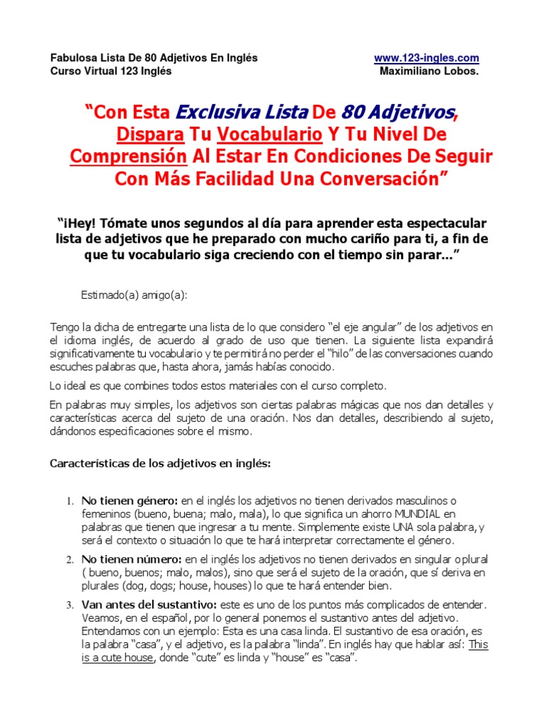Lista De 80 Adjetivos Descargar Gratis Pdf Adjetivo Onomástica