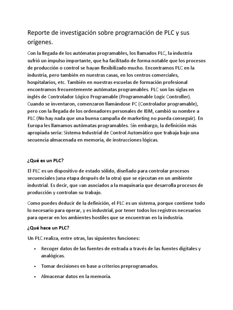 Reporte de Investigación Sobre Programación de PLC y Sus Orígenes | PDF | Controlador lógico ...