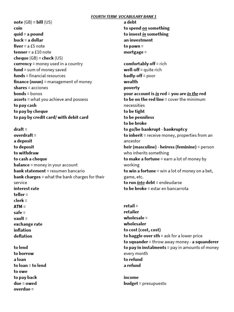 Money Vocabulary Bank | PDF | Deposit Account | Banks
