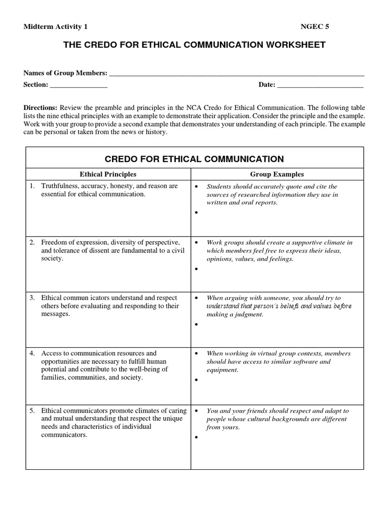 The Credo For Ethical Communication Worksheet: Midterm Activity 1 Ngec ...