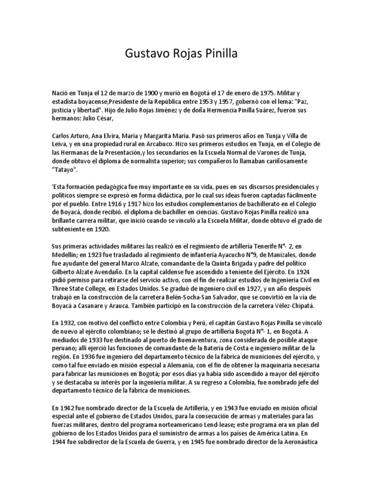 Gustavo Rojas Pinilla: Militar y Presidente | PDF | Colombia ...