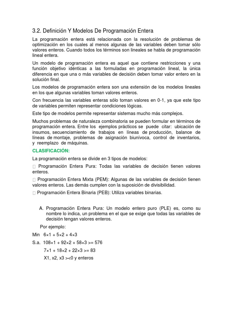 3.2. Definición Y Modelos de Programación Entera | Programación lineal ...