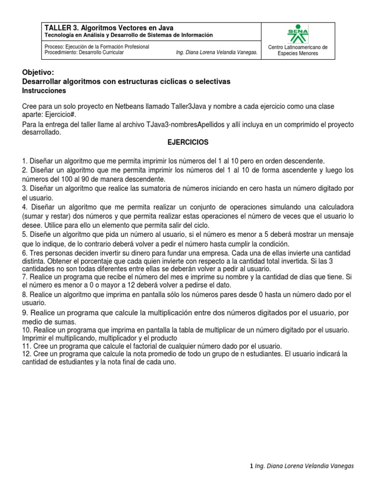 Algoritmos vectores Java taller 3 ejercicios ciclos selectivos | PDF | Algoritmos | Programa de ...