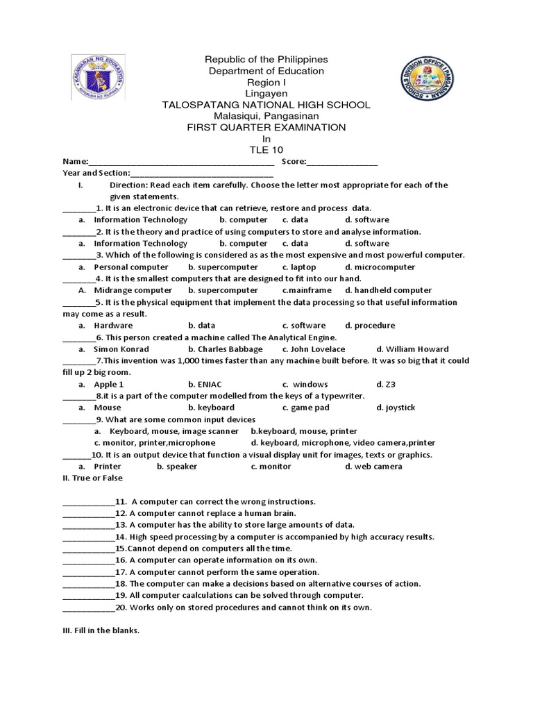 Exam Grade 10 | PDF | Computer Keyboard | Computer Monitor