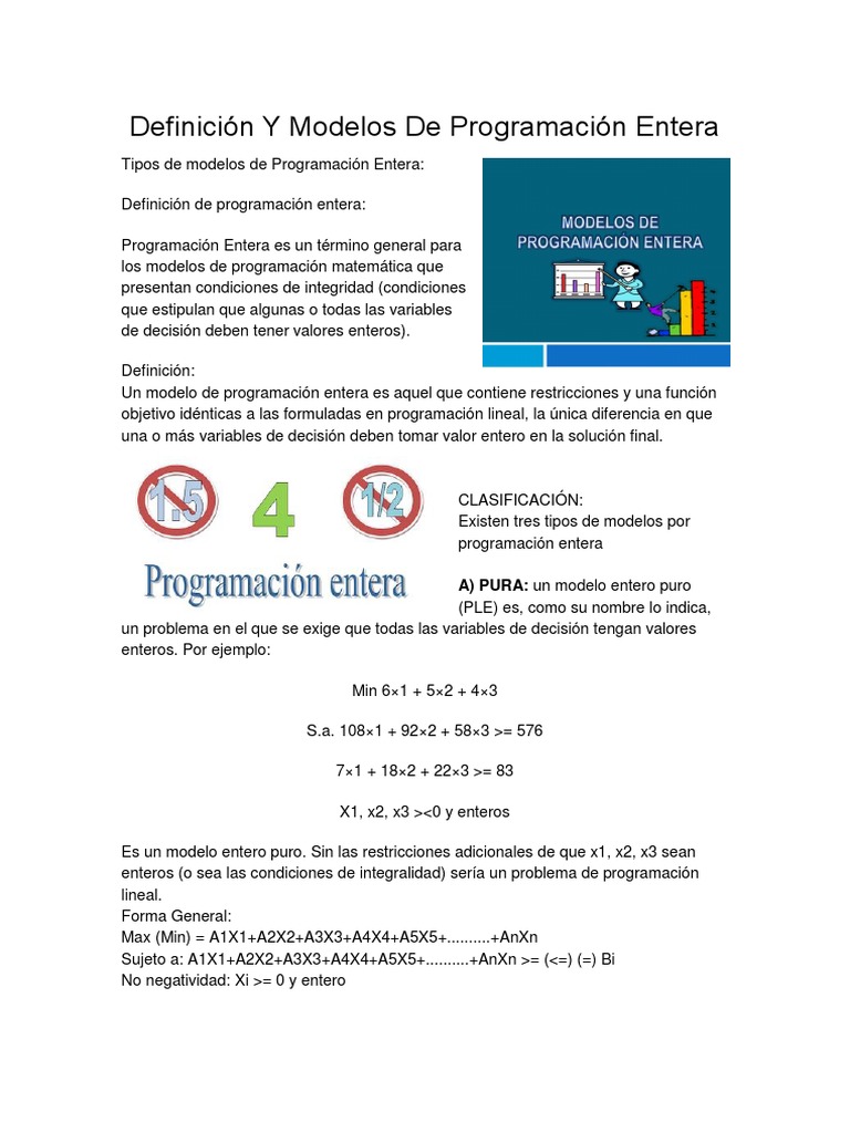 Definición Y Modelos de Programación Entera | PDF | Programación lineal | Algoritmos
