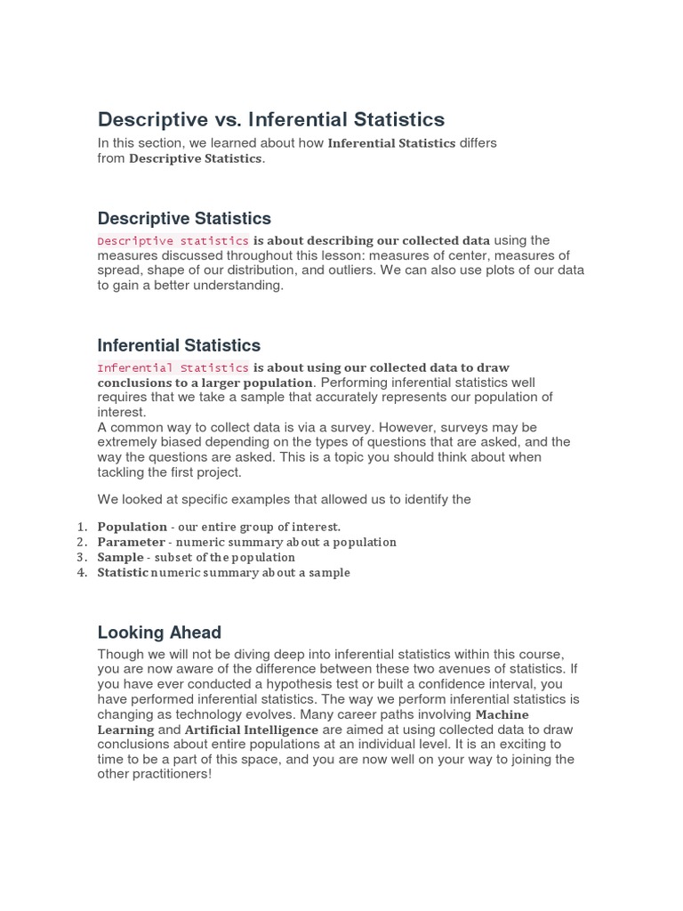 Descriptive vs. Inferential Stats | PDF