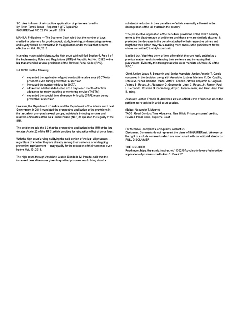 SC Rules in Favor of Retroactive Application of Prisoners | PDF | Ex ...