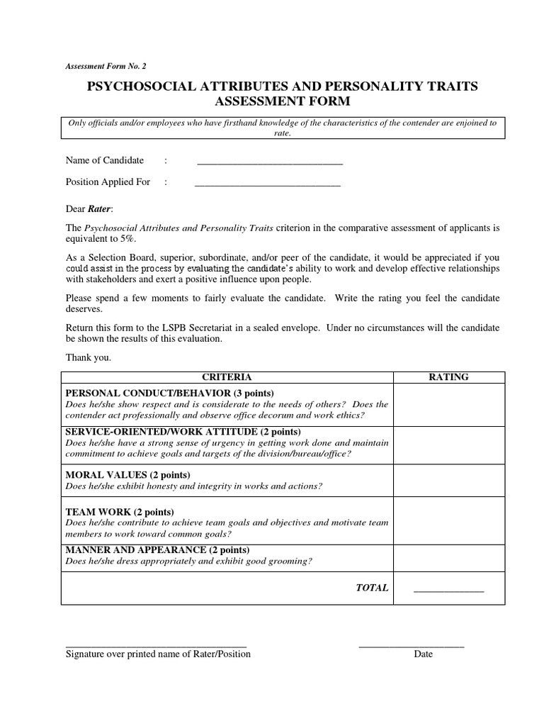 Psychosocial Attributes and Personality Traits Assessment Form | PDF