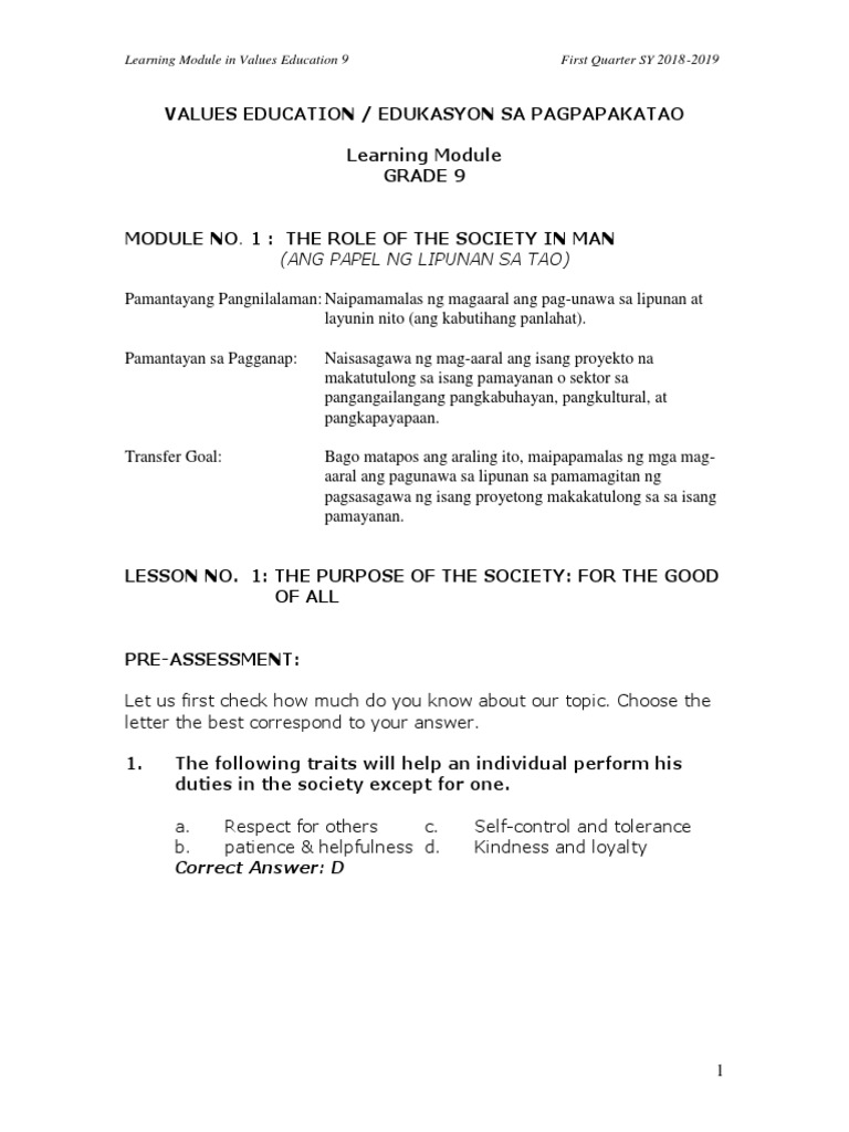 Values Education Module for Grade 9 | PDF | Learning | Question