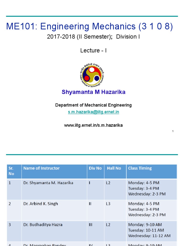 ME101 Lecture01 SMH 08 01 2018 PDF | PDF | Rotation Around A Fixed Axis | Force