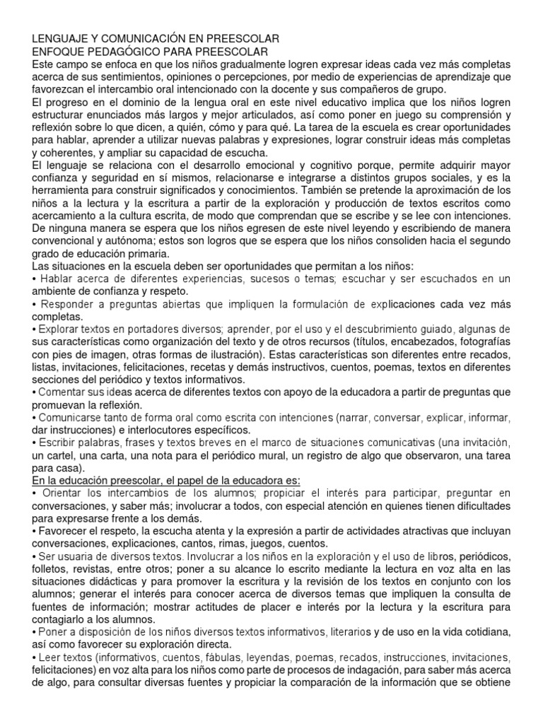 Lenguaje y Comunicación en Preescolar | PDF | Educación de la primera ...