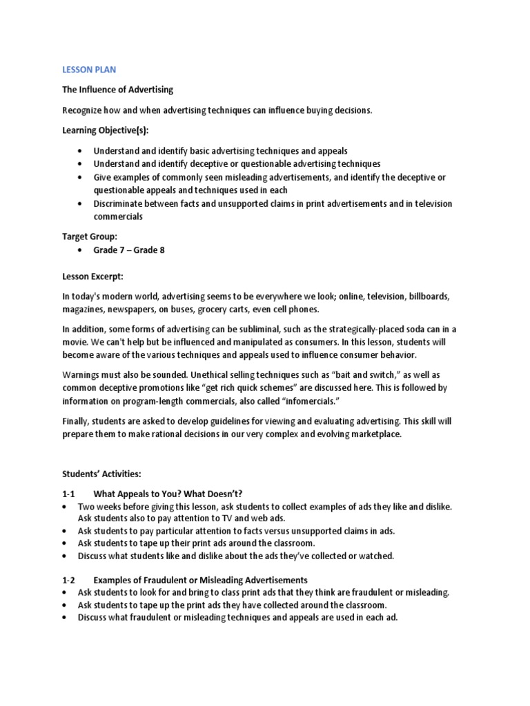 LESSON PLAN 5 - The Influence of Advertising | PDF | Advertising ...