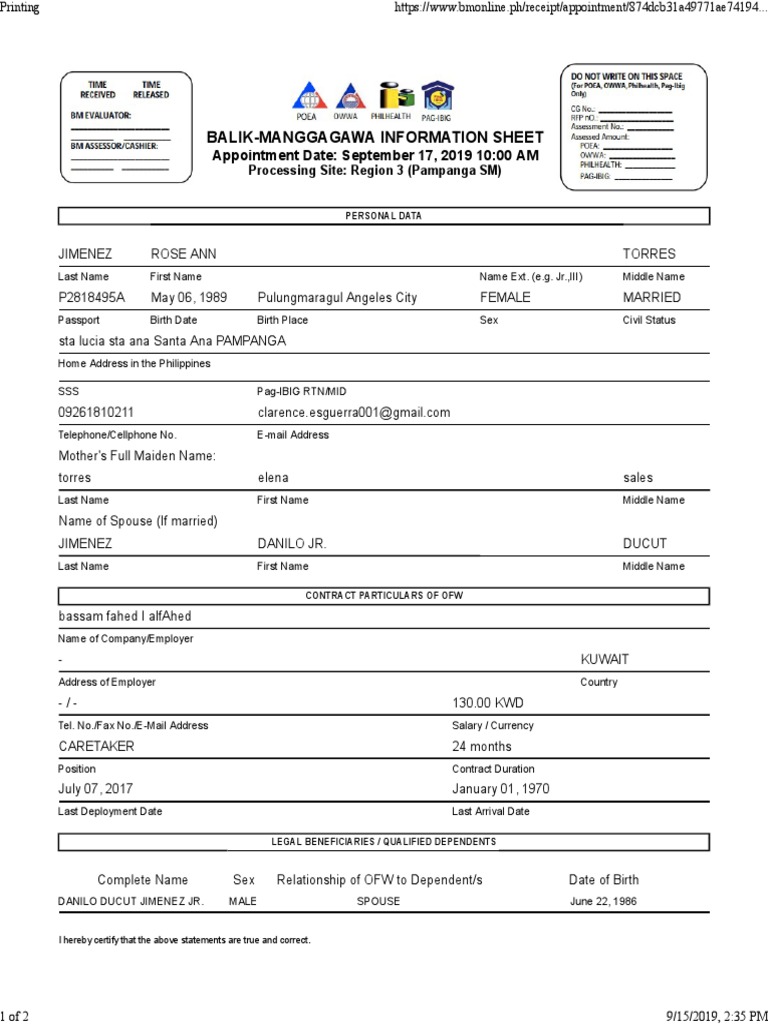 Balik-Manggagawa Information Sheet: Appointment Date: September 17 ...