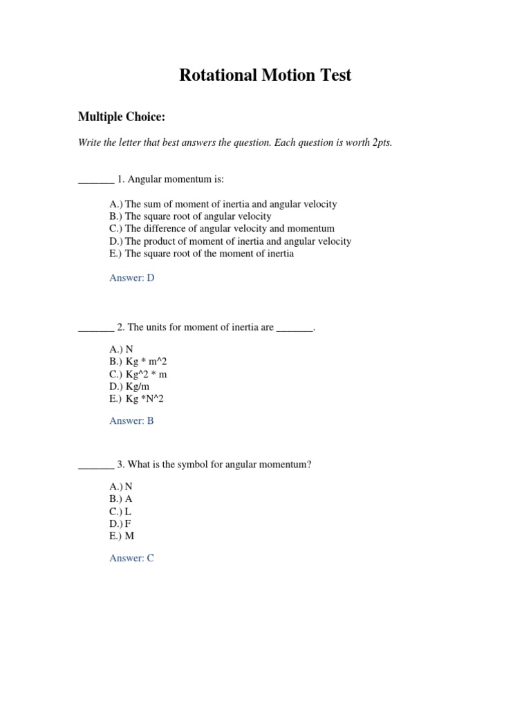 Physics Rotational Motion Test | PDF | Rotation Around A Fixed Axis ...