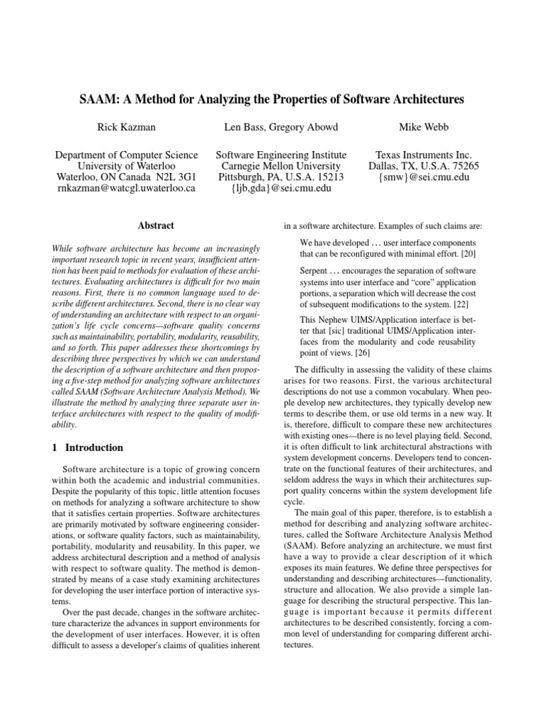 SAAM: A Method For Analyzing The Properties of Software Architectures ...