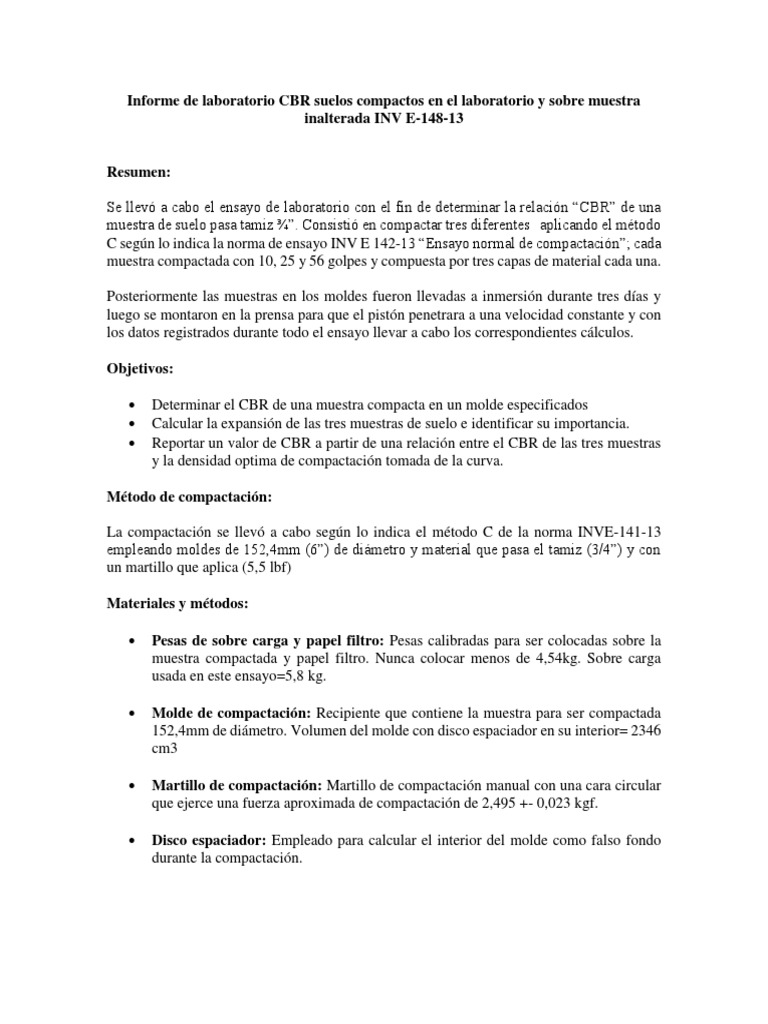 Informe de Laboratorio CBR Suelos Compactos en El Laboratorio y Sobre Muestra Inalterada INV E ...