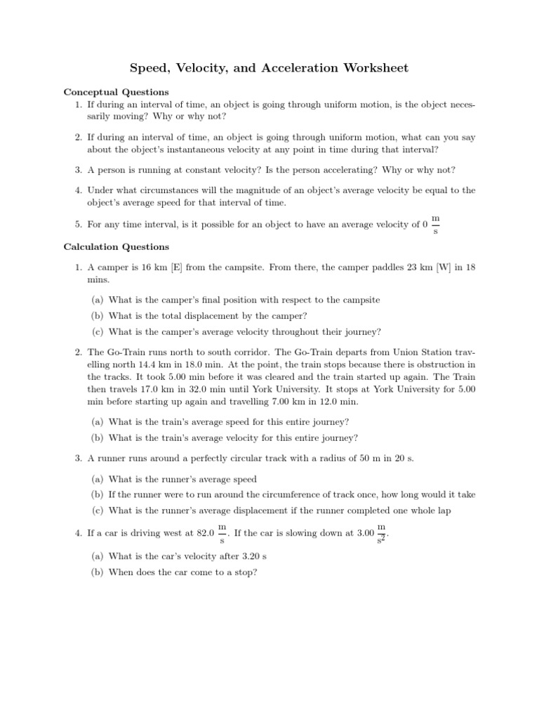 Speed, Velocity, and Acceleration Worksheet | PDF | Velocity | Speed