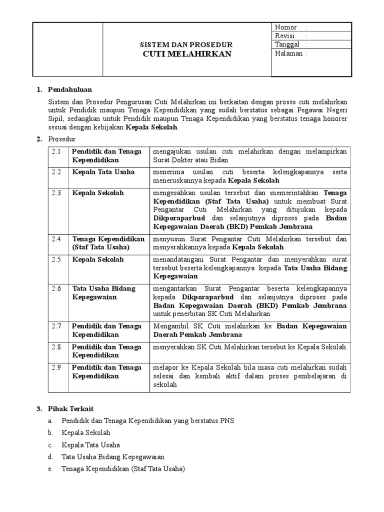 06 TU SOP Cuti Melahirkan | PDF
