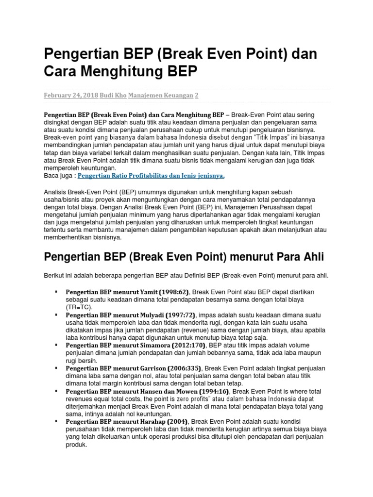 Pengertian BEP (Break Even Point) Dan Cara Menghitung BEP | PDF