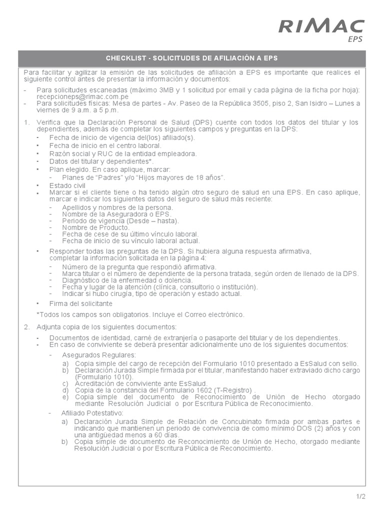 Checklist - Solicitudes de Afiliación A Eps | PDF | Salud y bienestar | Medicina