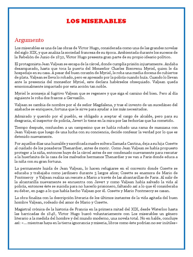 Argumento de Los Miserables y Nuestra Señora de París | PDF | Esméralda (El jorobado de Notre ...