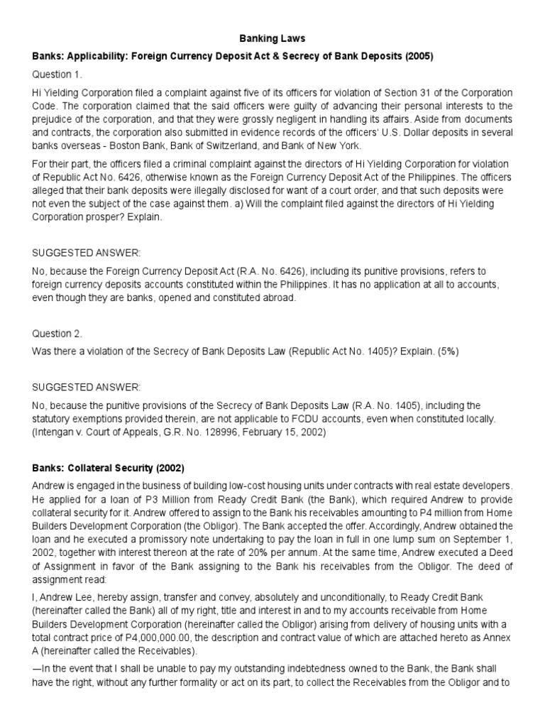 Banking Laws: Analysis of Documents Regarding Banking Regulations, Deposits, Loans, and Legal ...