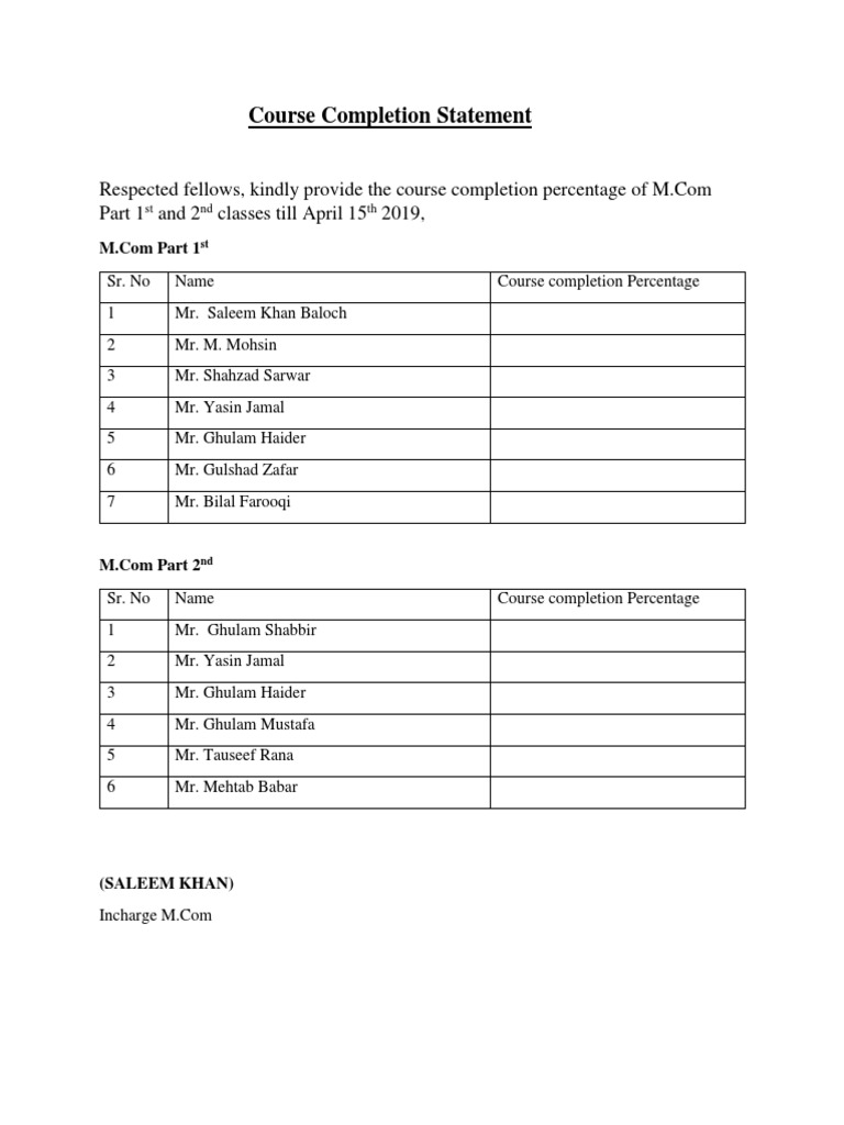 Course Completion Statement | PDF
