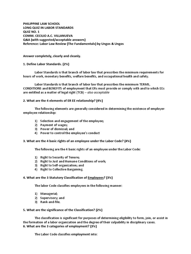 Labor Law Review (Long Quiz 1) | PDF | Overtime | Employment