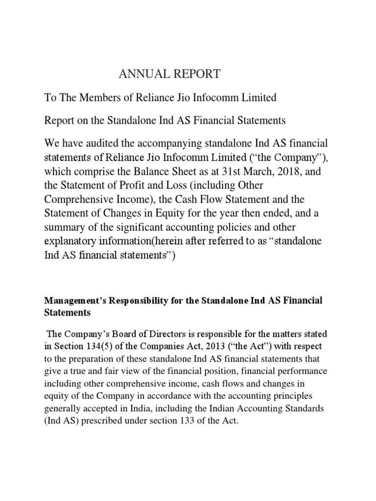 Annual Report: Management's Responsibility For The Standalone Ind AS ...