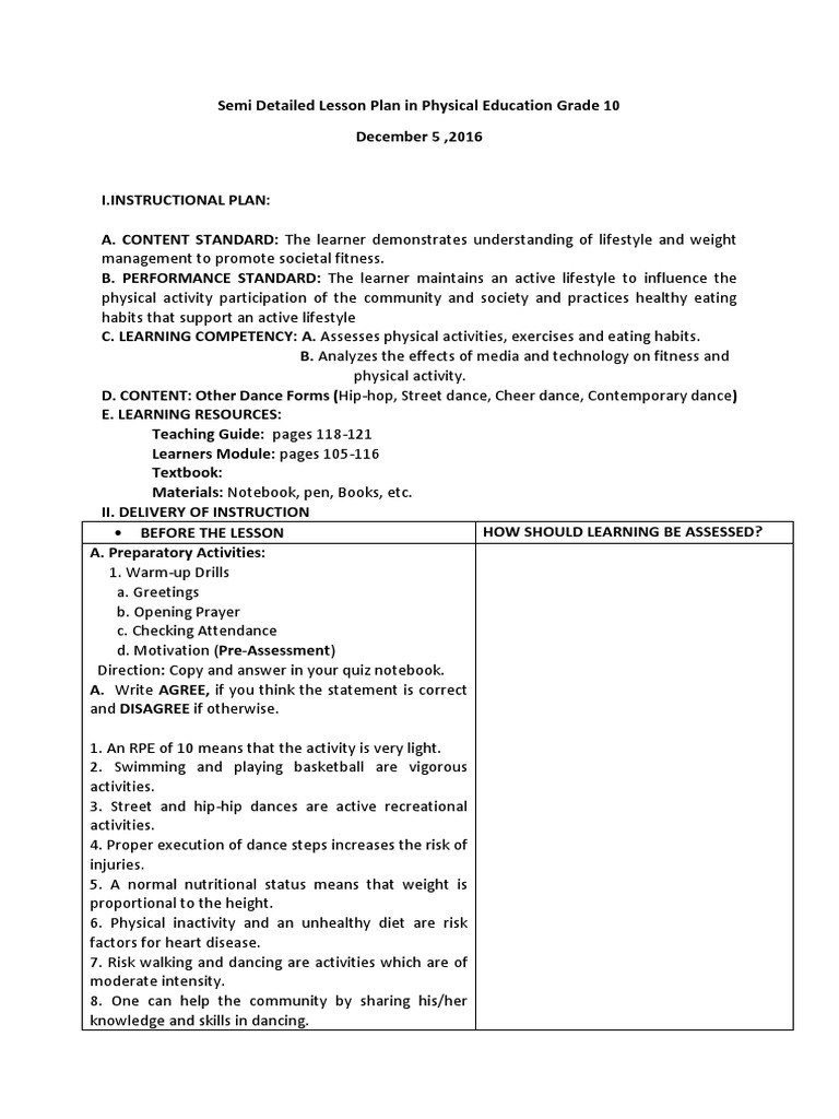 Grade 10 Physical Education Lesson Plan | PDF | Physical Fitness | Hip Hop